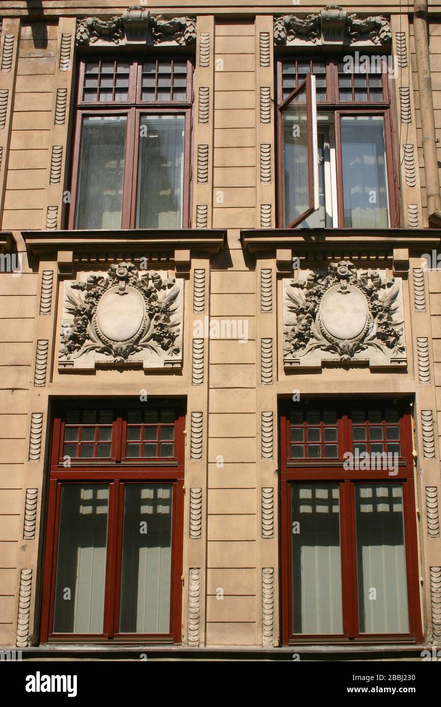 Elaborately decorated windows of 19th century old house in Bucharest ...