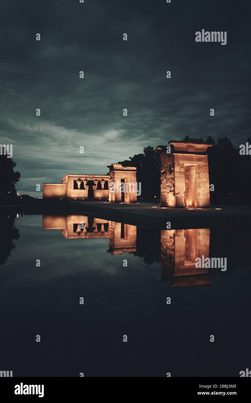 Temple of Debod at night with reflection in Madrid, Spain Stock Photo ...