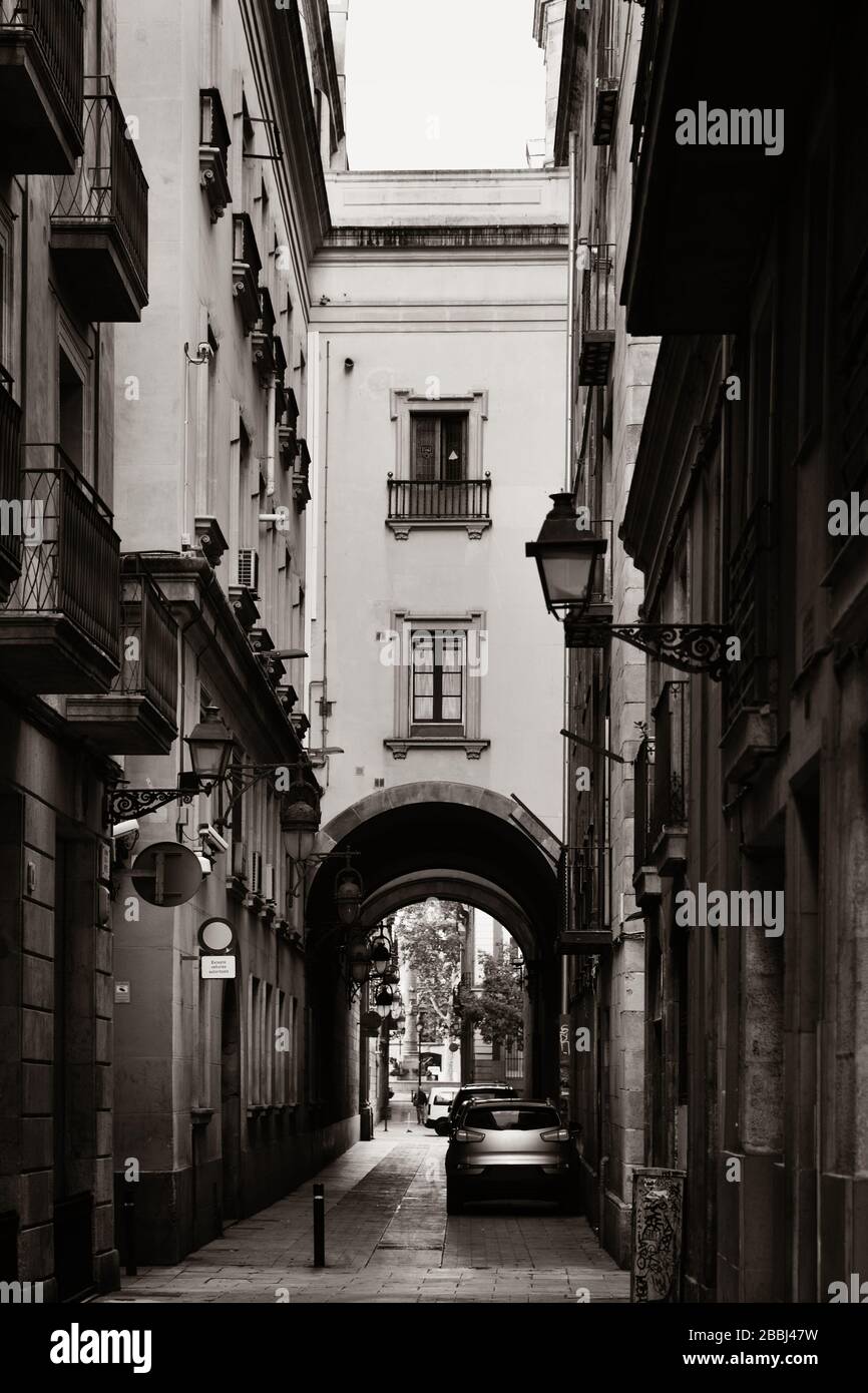Street view of small alley with historic buildings in Madrid, Spain ...