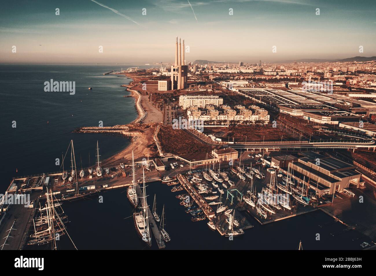 Barcelona coast pier aerial view in Spain at sunrise Stock Photo - Alamy