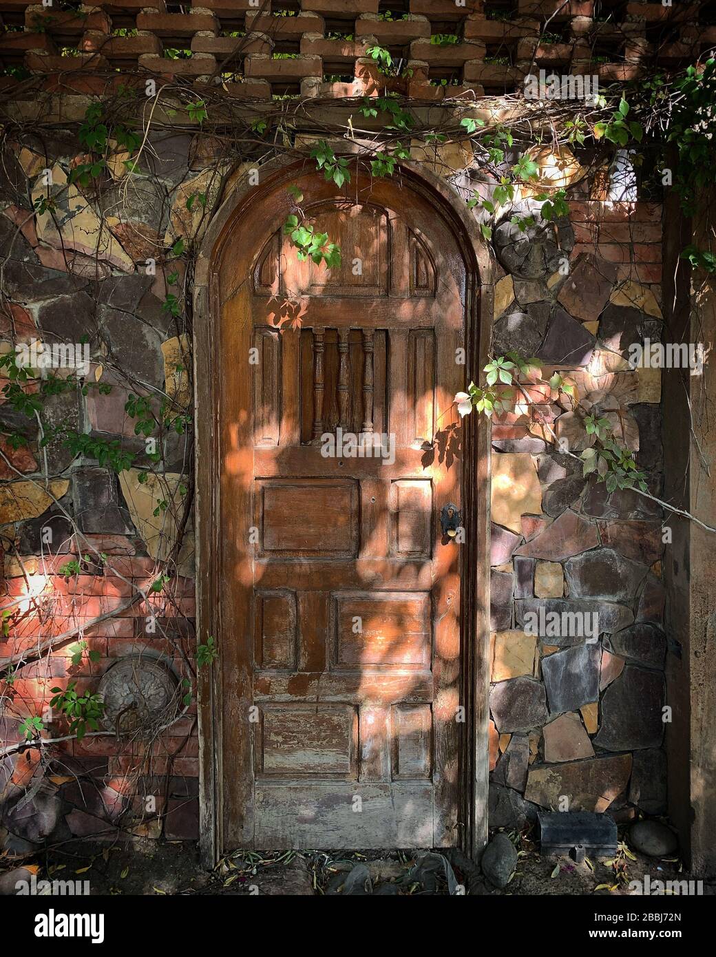 Wooden door of the Mona cafe of Oaxaca house in Hermosillo, Sonora ...