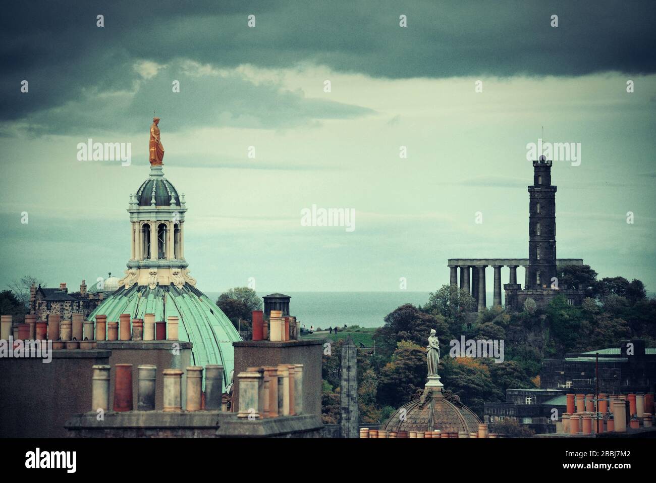 Edinburgh city rooftop view with historical architectures. United ...