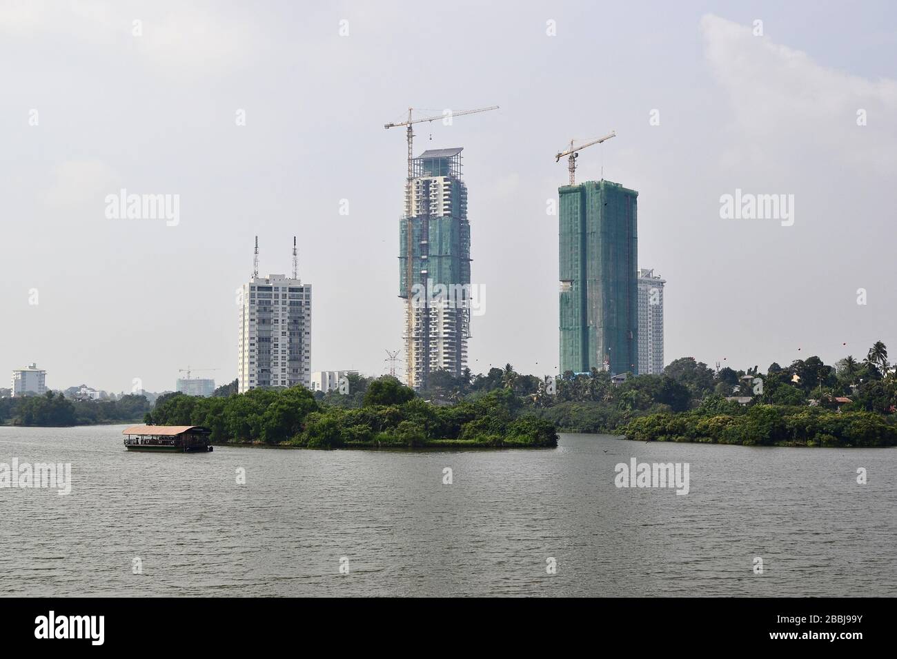 High modern skyscrapers during construction. Construction site with ...