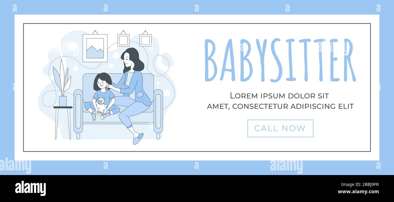 Babysitter web banner template. Happy young woman sitting with little ...