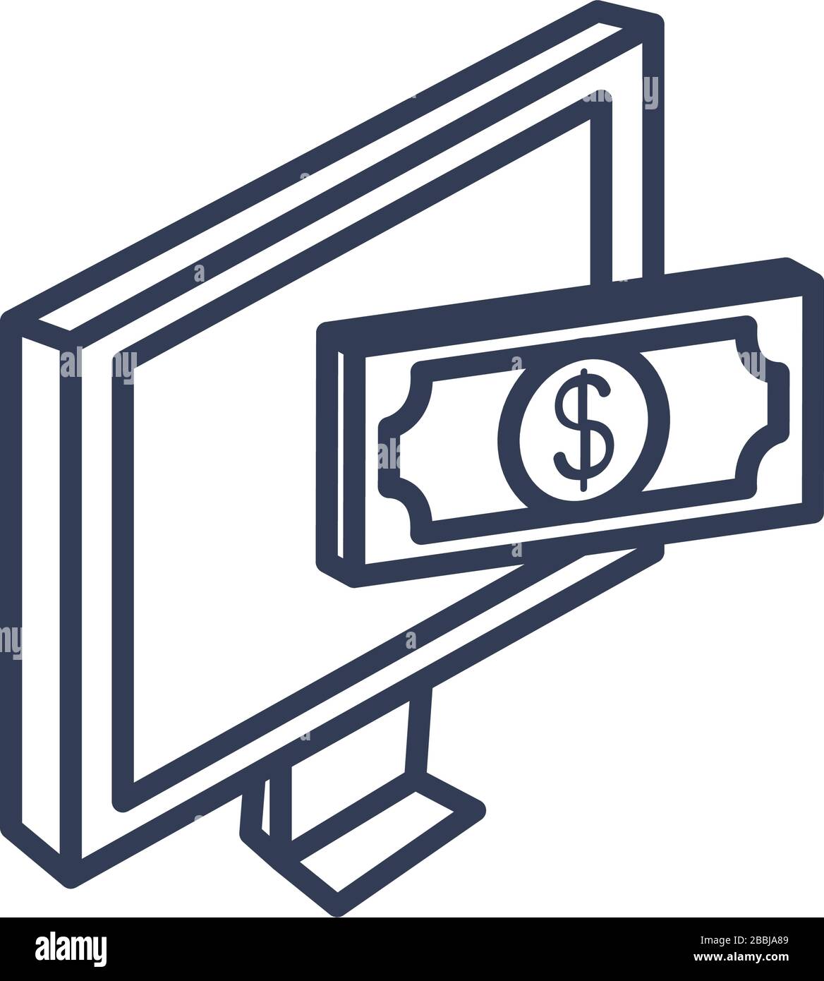 computer with money bill icon over white background, line style, vector ...