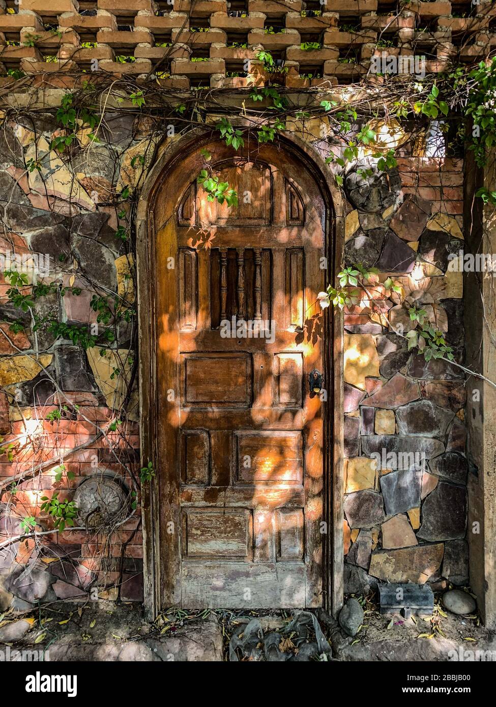 Wooden door of the Mona cafe of Oaxaca house in Hermosillo, Sonora ...