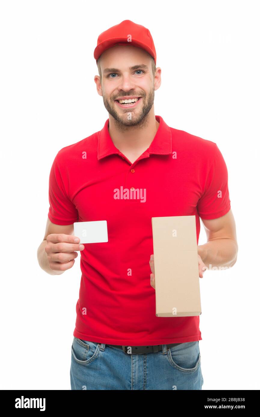 Contactless payment. Call us. Business contact. Smiling courier ...