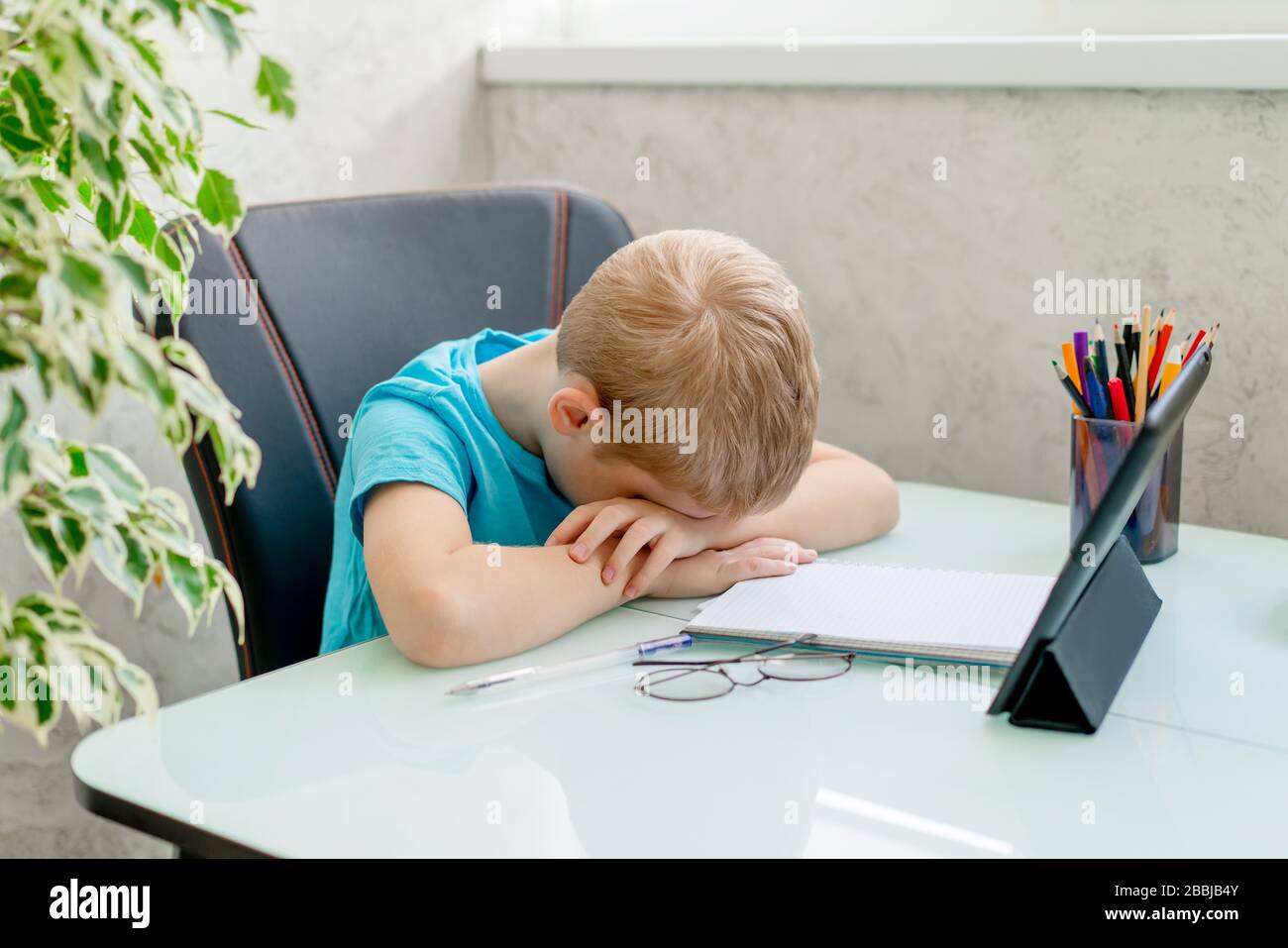 Young boy learn by tablet at home. Distance learning in quarantine ...