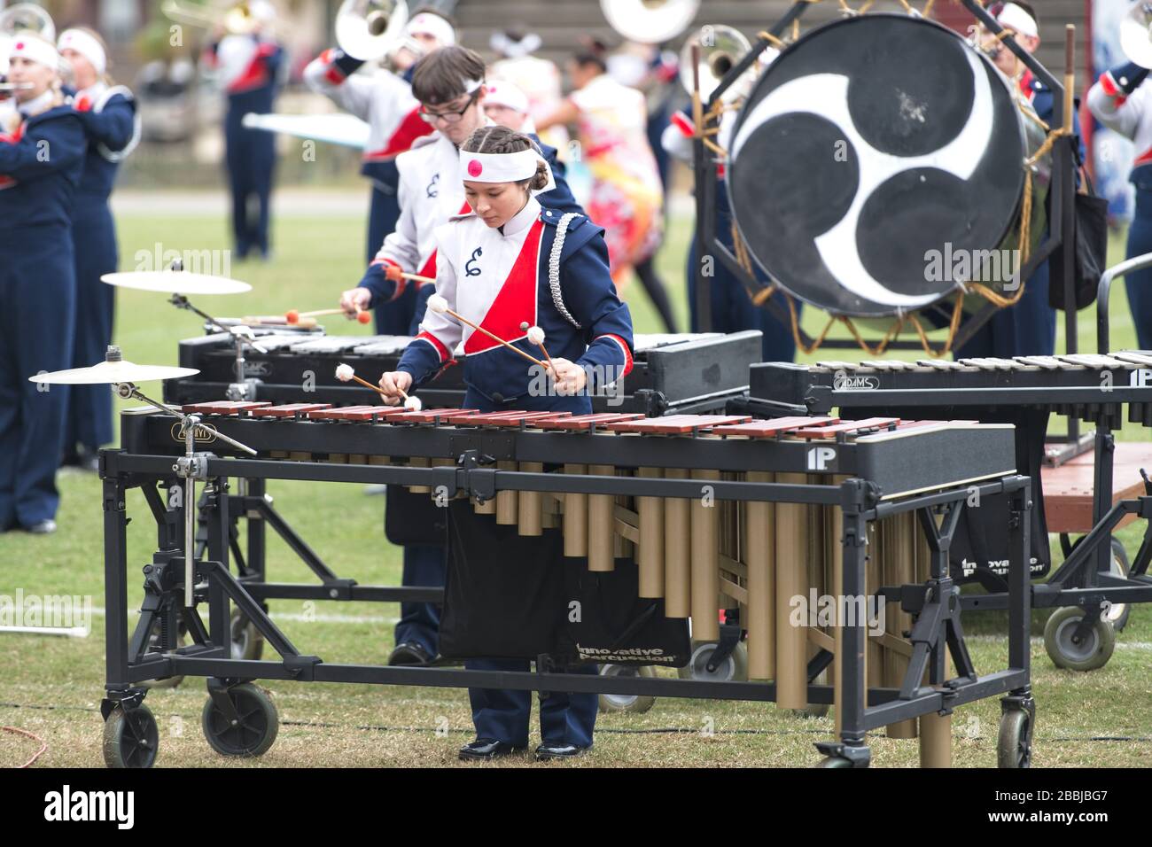 Asian American teenage girl plays the marimba in a high school marching ...