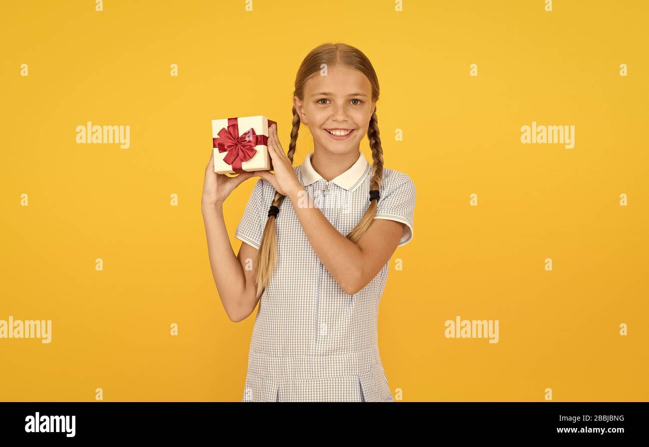 Generosity concept. Holiday celebration. Girl received gift. Tidy ...