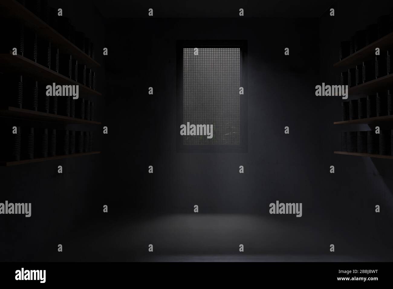 3d rendering of a concrete air-raid shelter with light rays at window ...