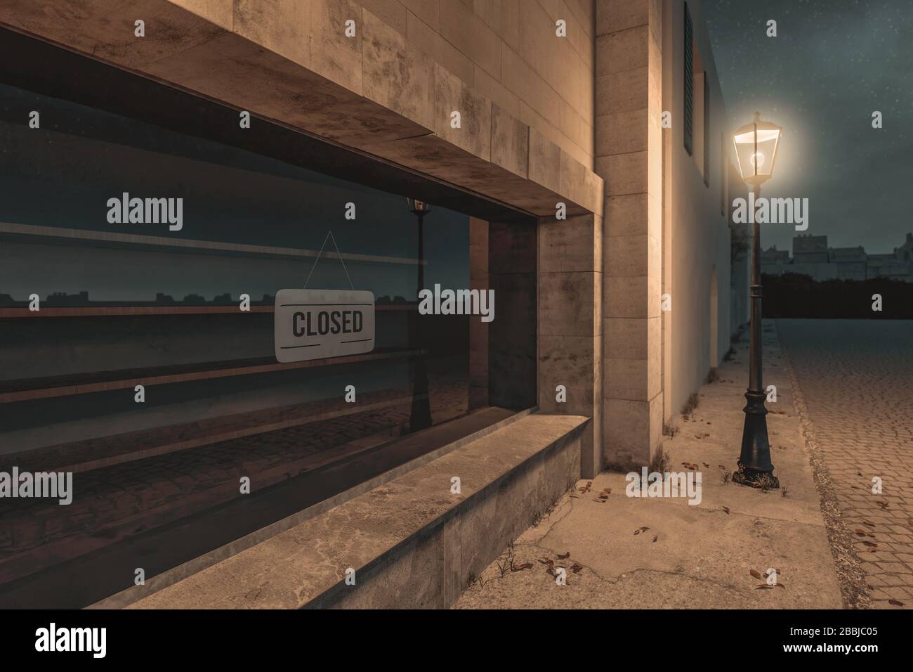 3d rendering of showcase with hanging sign "closed" and lantern in the ...