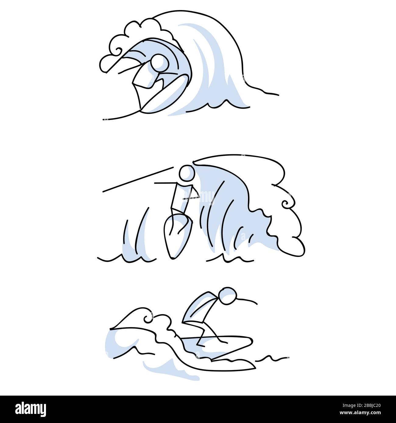 Cute stick figure surfing set on ocean wave vector clipart. Hawaiian ...