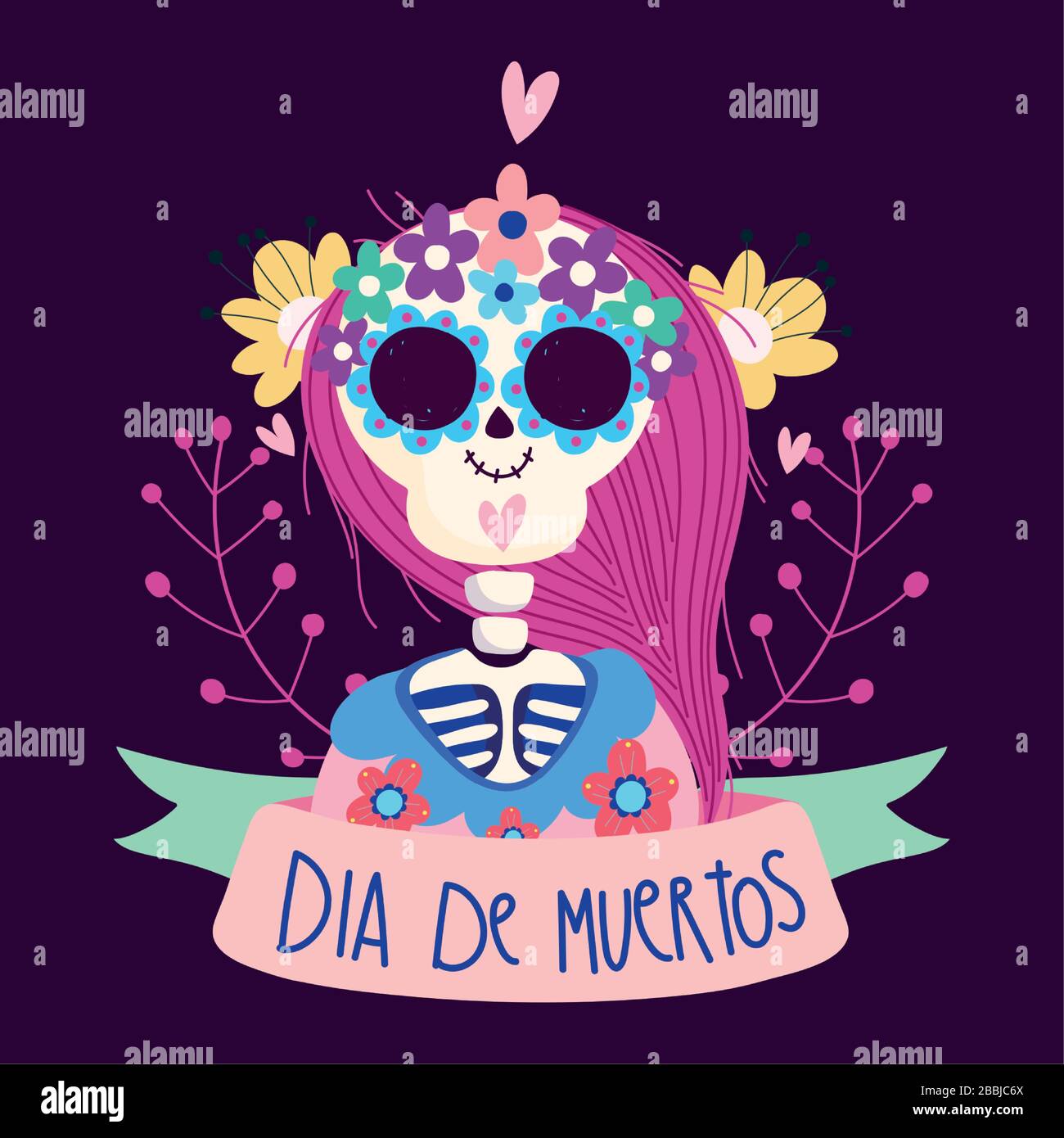 day of the dead, woman skeleton catrina flowers ribbon traditional ...