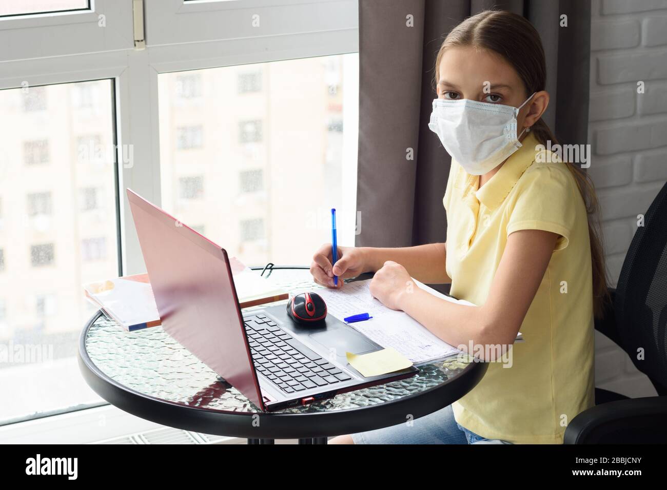 Girl in self-isolation studying online sitting by the window at home ...