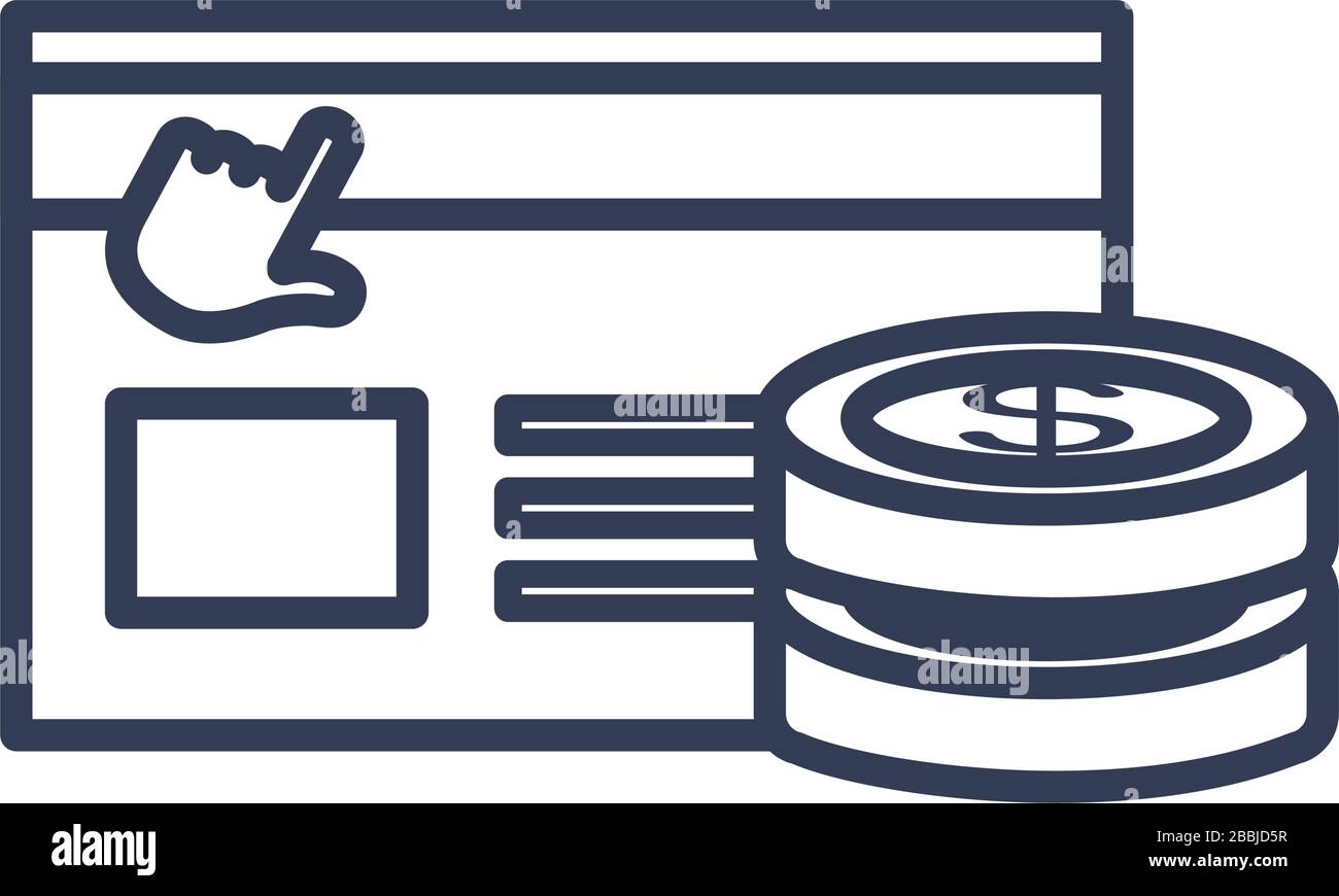 credit card with money coins and hand cursor icon over white background ...