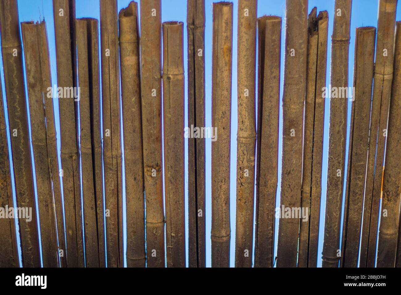 Wicker roof beach umbrella and blue sky. Natural bamboo sunshades and ...