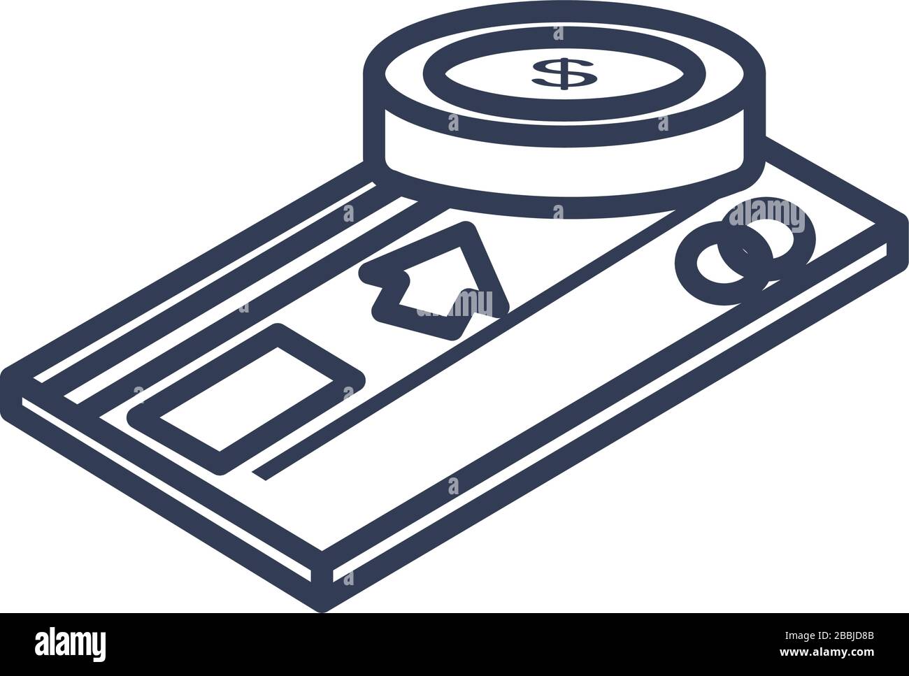 isometric credit card and money coin icon over white background, line style, vector illustration ...