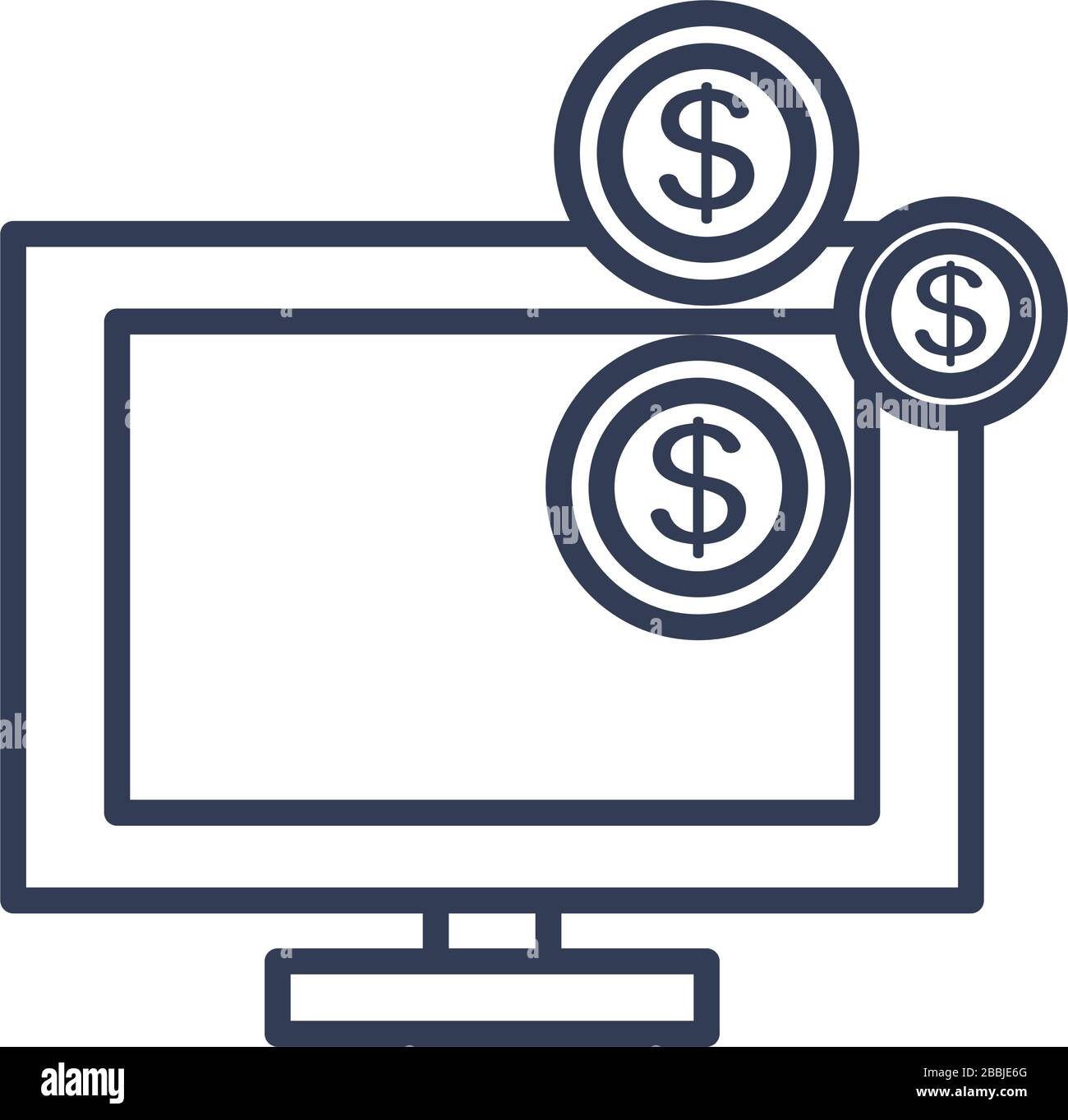 computer with money coins icon over white background, line style ...