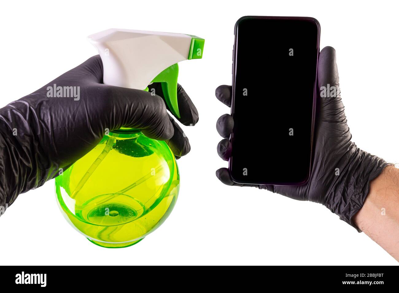 Hand cleaning a smartphone with a spray bottle sanitizer Stock Photo ...