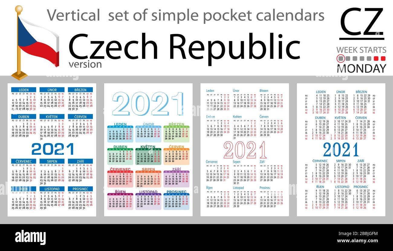Czech Republic vertical set of pocket calendars for 2020 (two thousand twenty one). Week starts ...