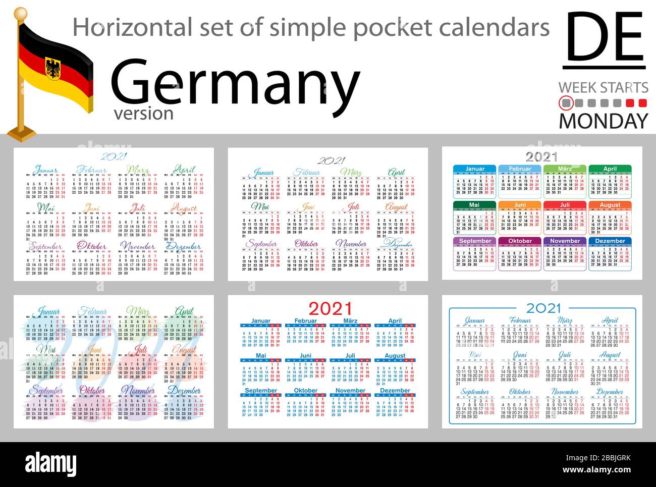 German horizontal set of pocket calendars for 2020 (two thousand twenty ...
