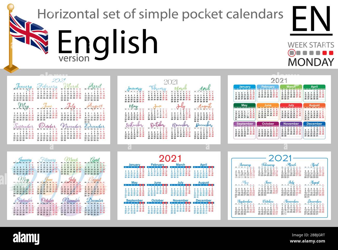 English horizontal set of pocket calendars for 2020 (two thousand ...