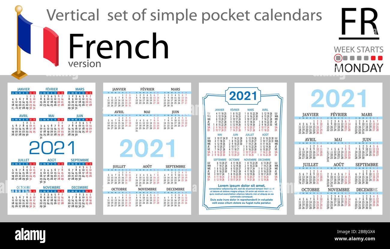 French vertical set of pocket calendars for 2020 (two thousand twenty ...