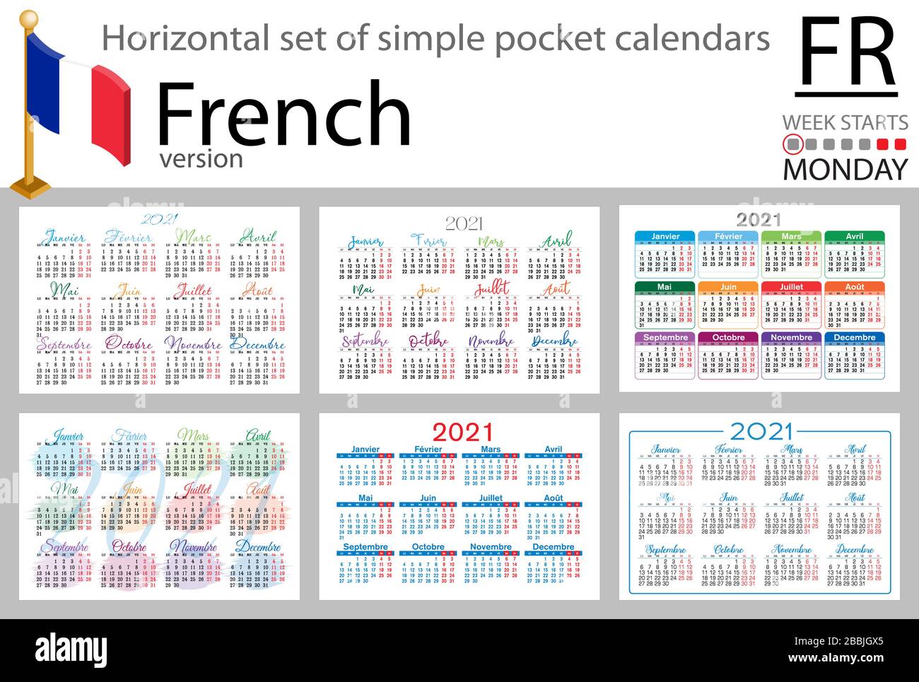 French horizontal set of pocket calendars for 2020 (two thousand twenty ...