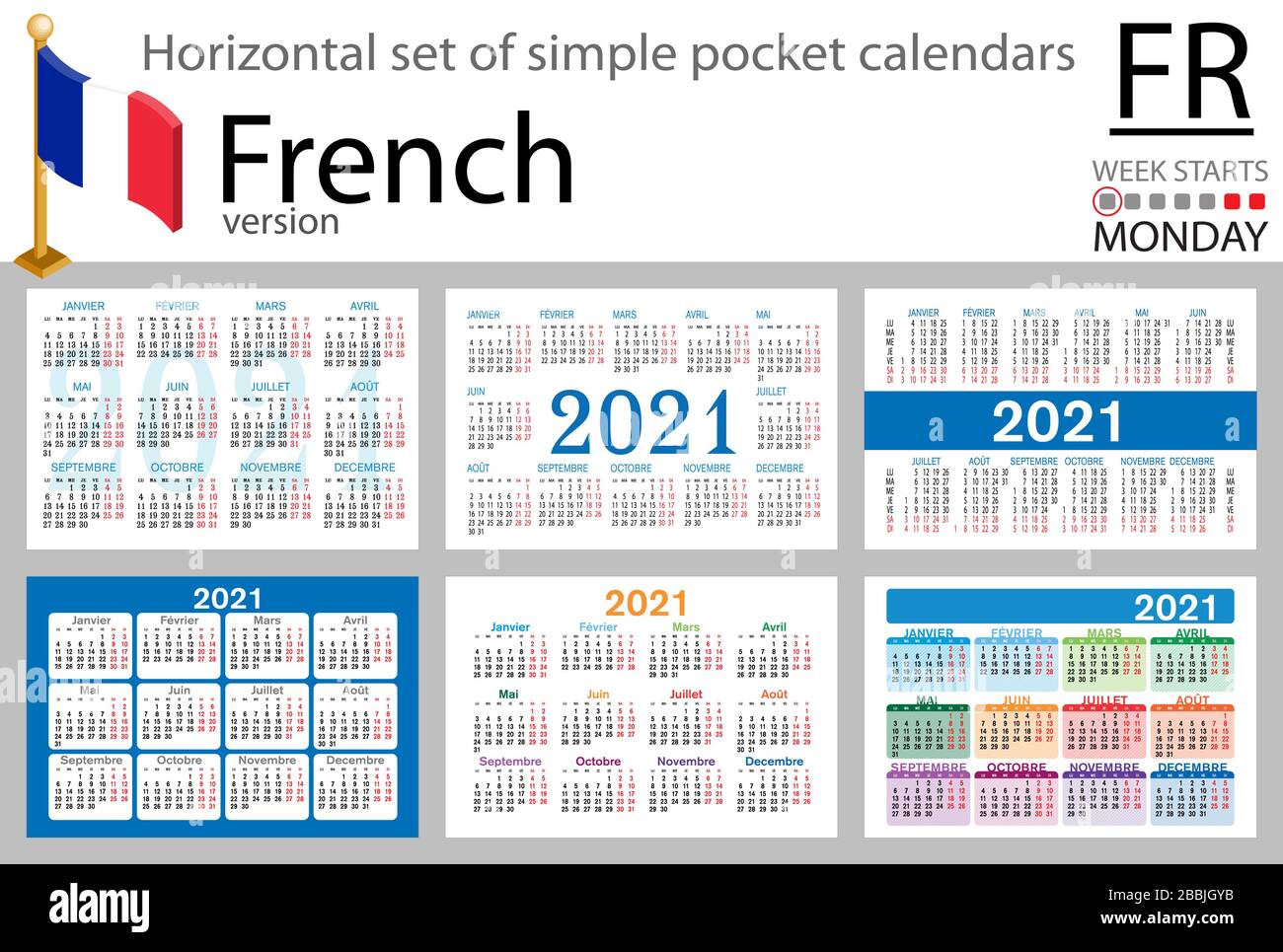 French horizontal set of pocket calendars for 2020 (two thousand twenty ...