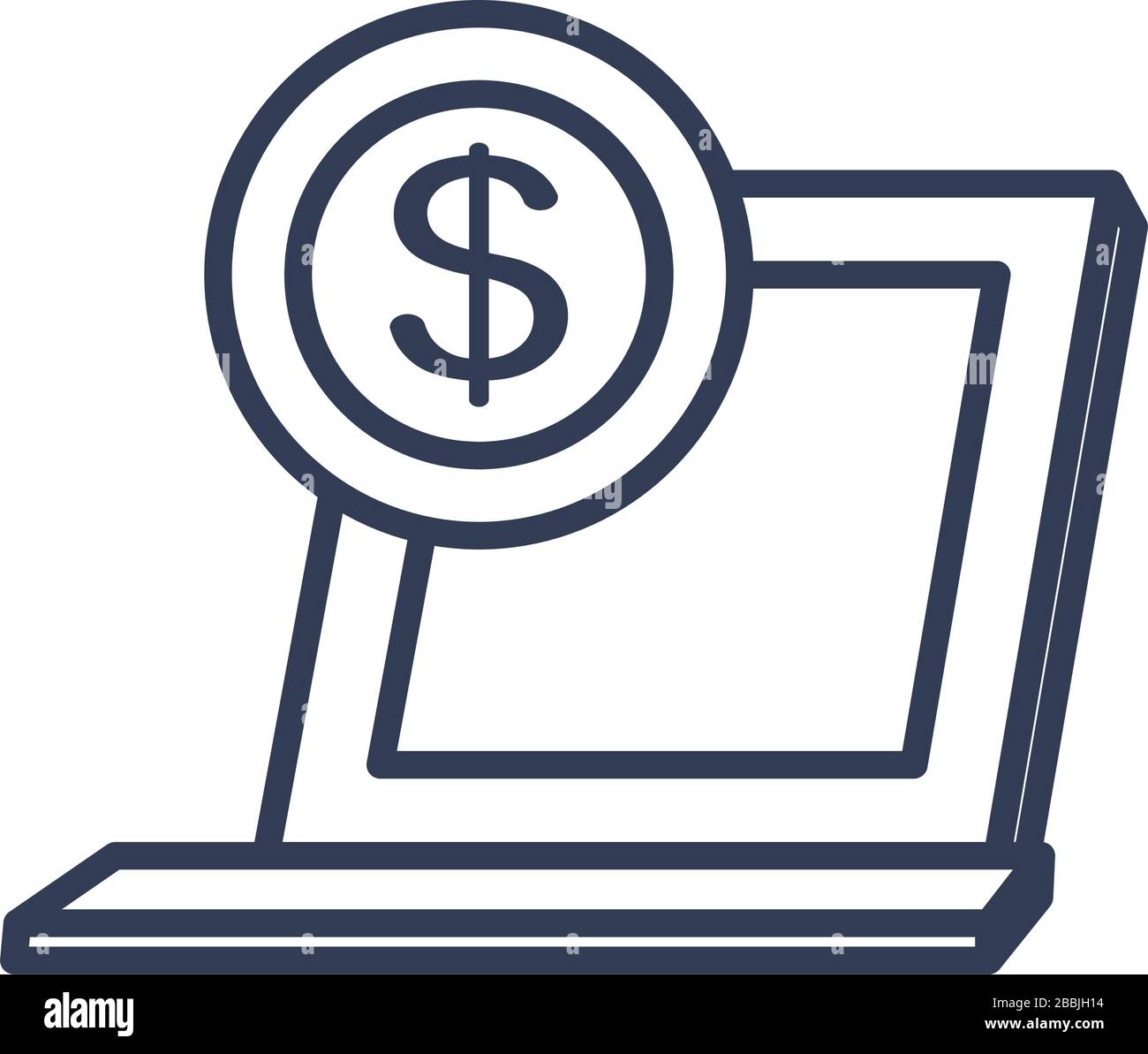 laptop computer with money coin icon over white background, line style ...