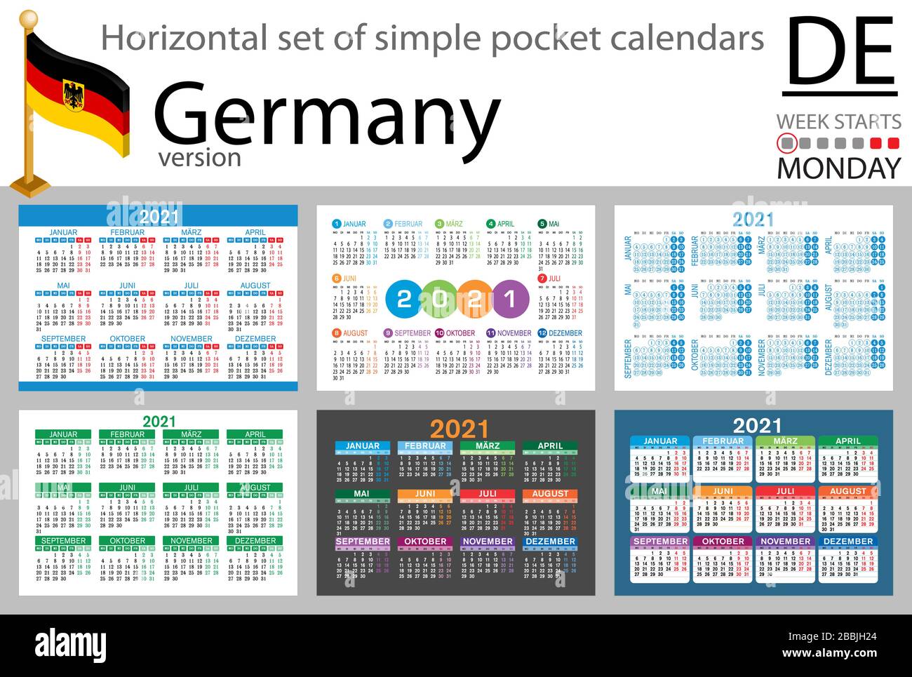 German horizontal set of pocket calendars for 2020 (two thousand twenty ...