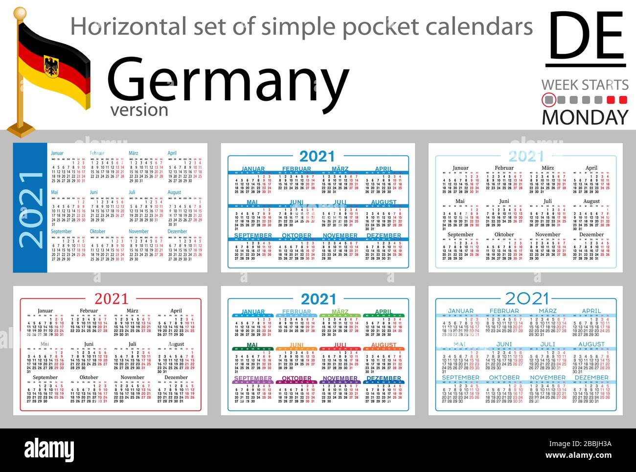 German horizontal set of pocket calendars for 2020 (two thousand twenty ...
