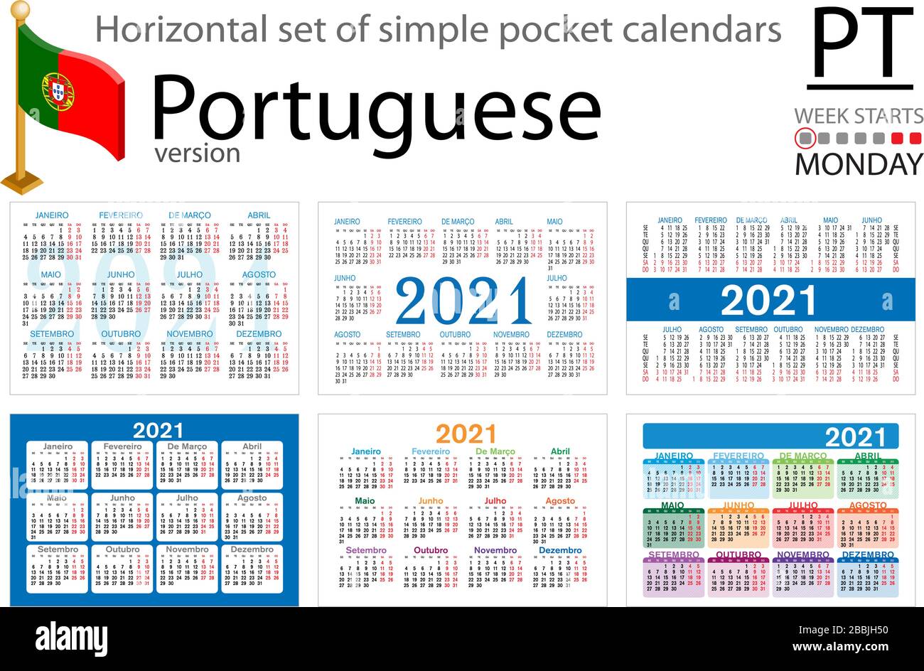 Portuguese horizontal set of pocket calendars for 2020 (two thousand ...