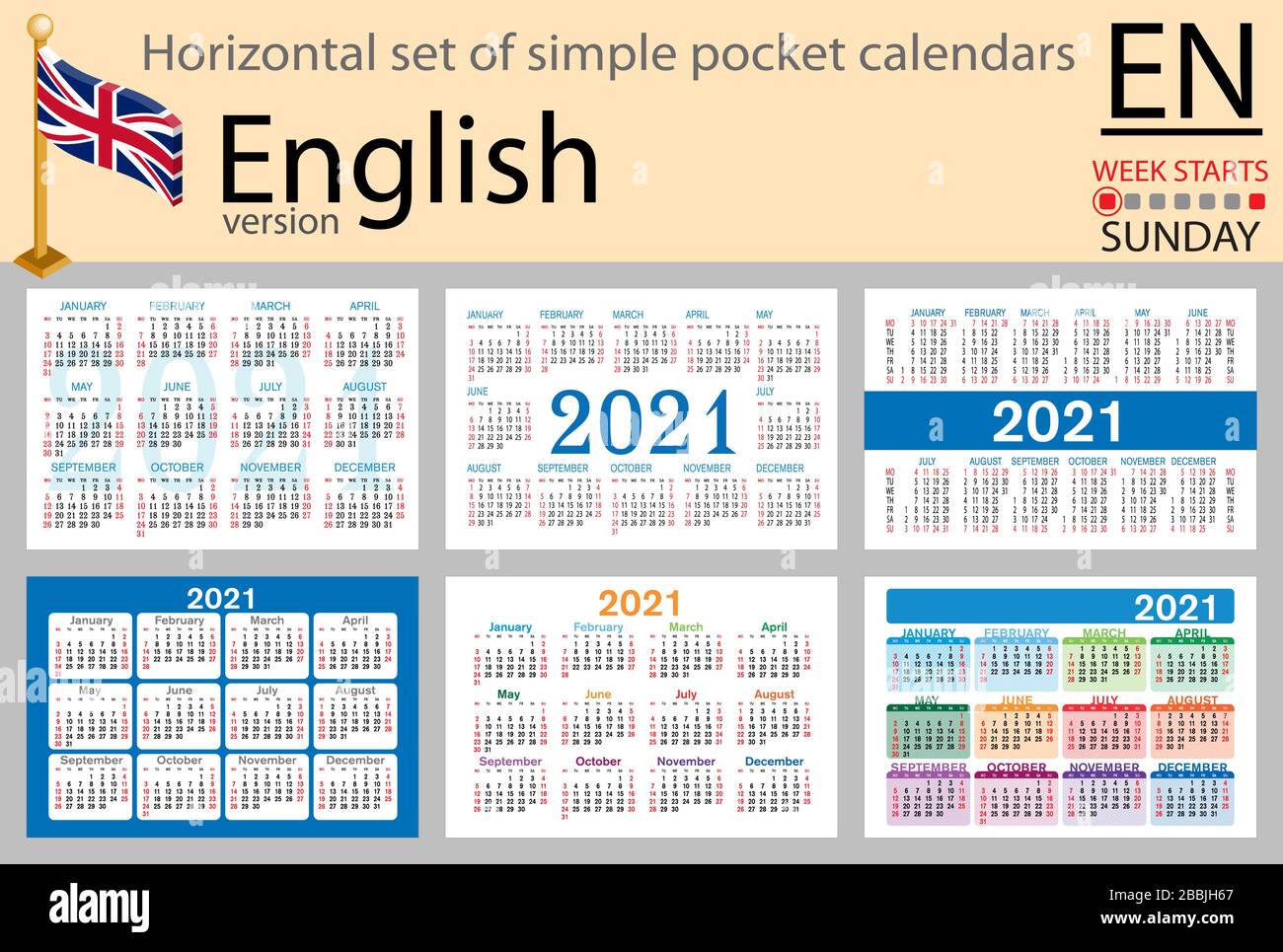 English horizontal set of pocket calendars for 2020 (two thousand ...