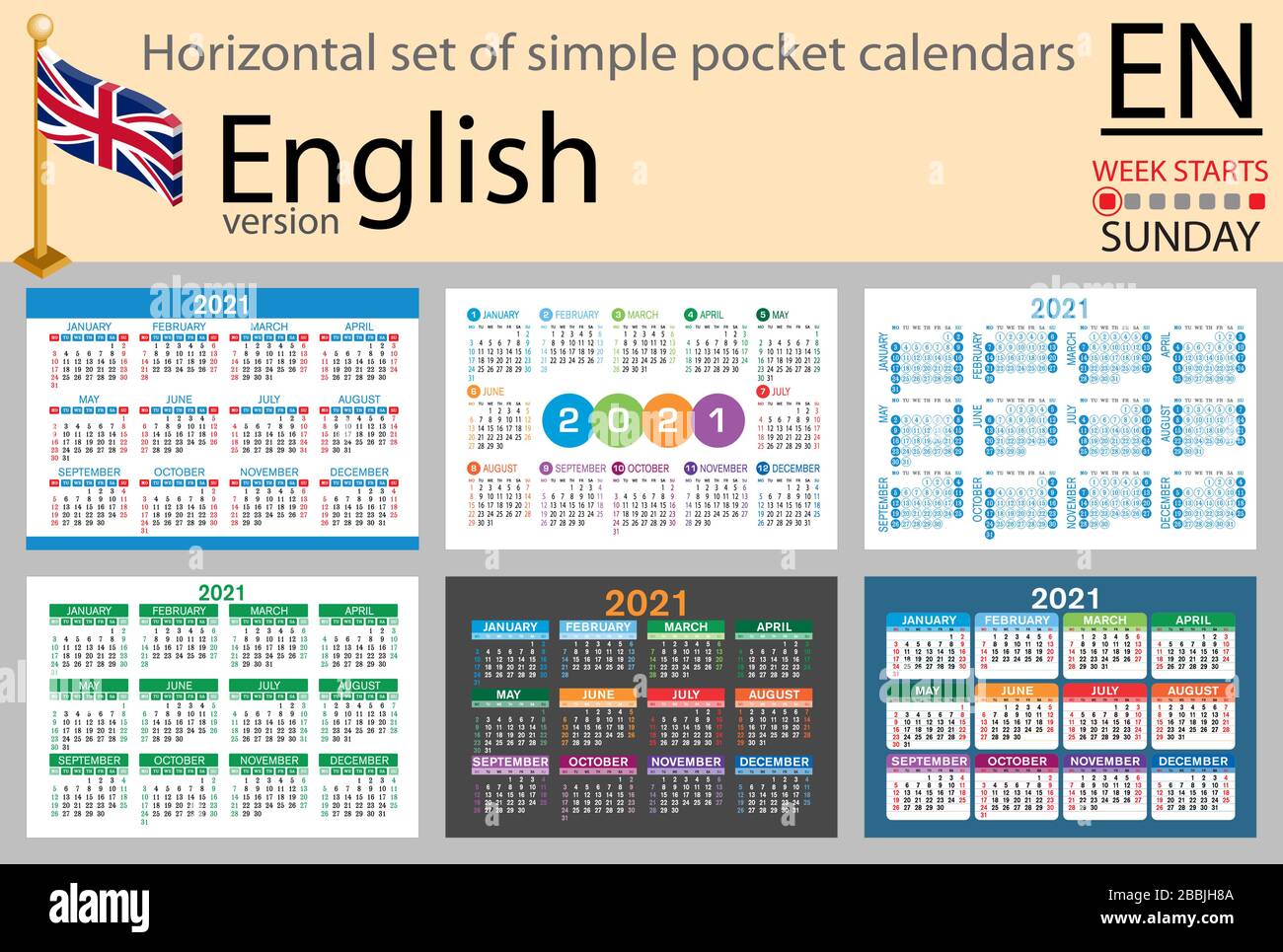English horizontal set of pocket calendars for 2020 (two thousand ...