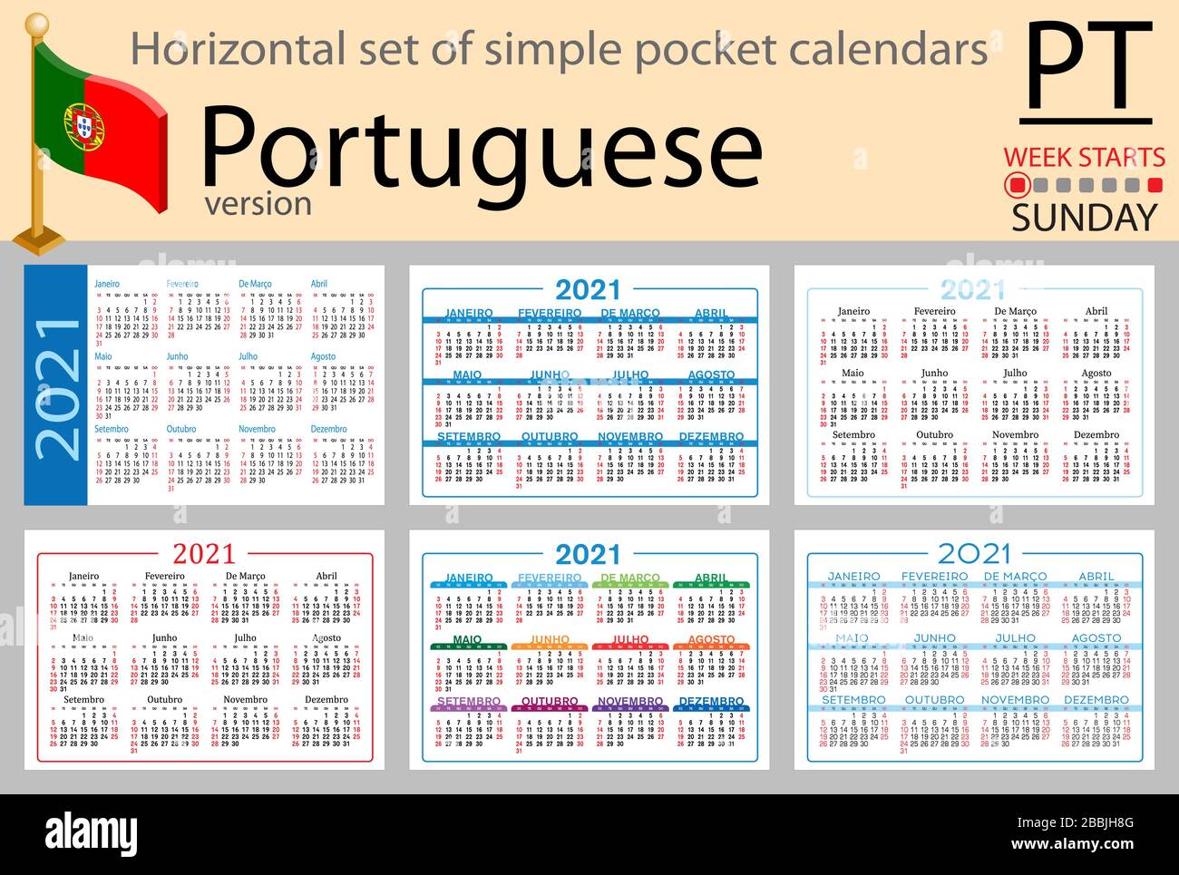 Portuguese horizontal set of pocket calendars for 2020 (two thousand ...