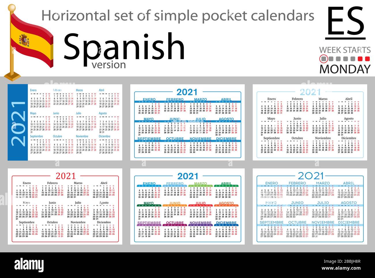 Spanish horizontal set of pocket calendars for 2020 (two thousand ...