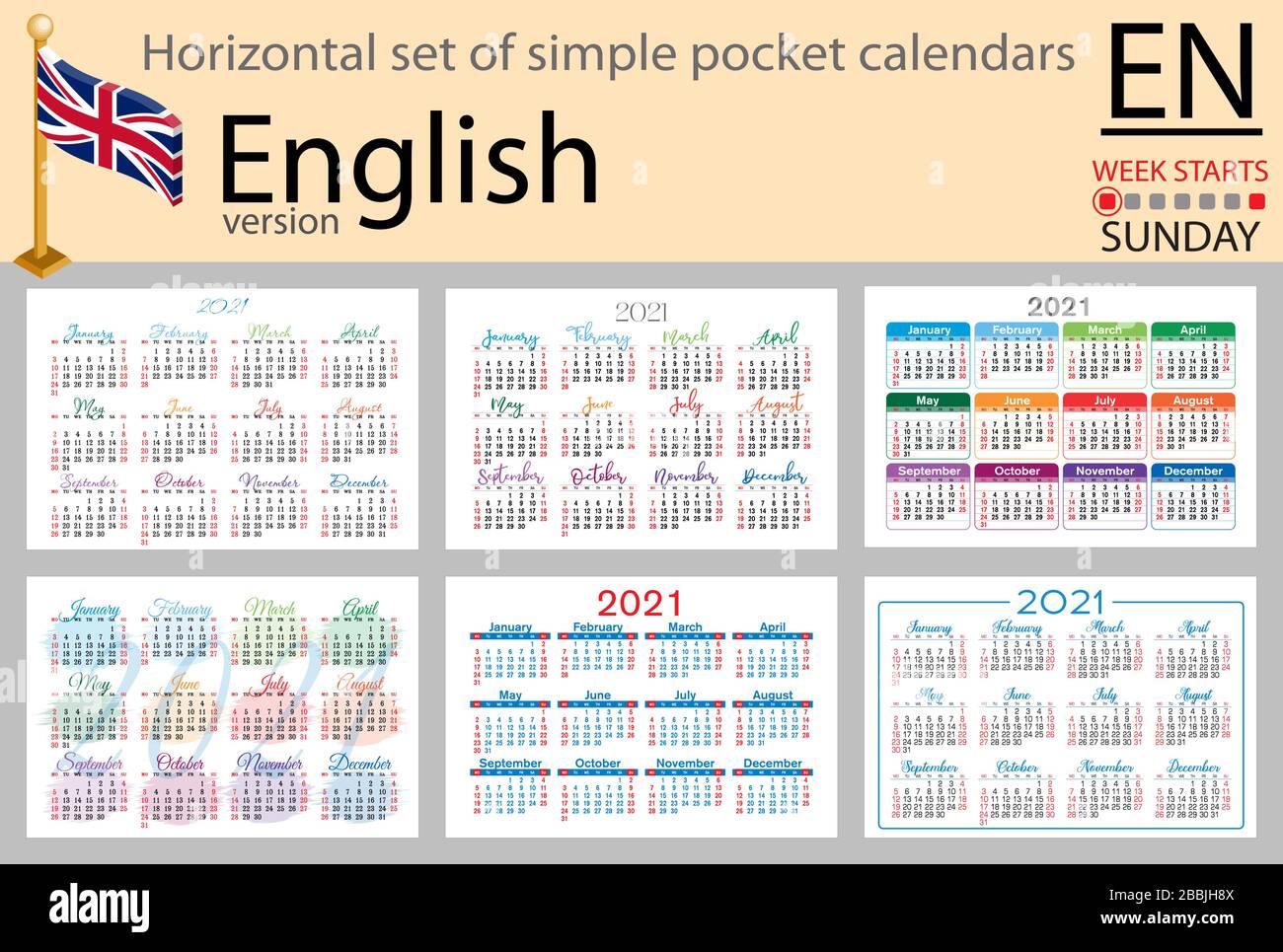 English horizontal set of pocket calendars for 2020 (two thousand ...