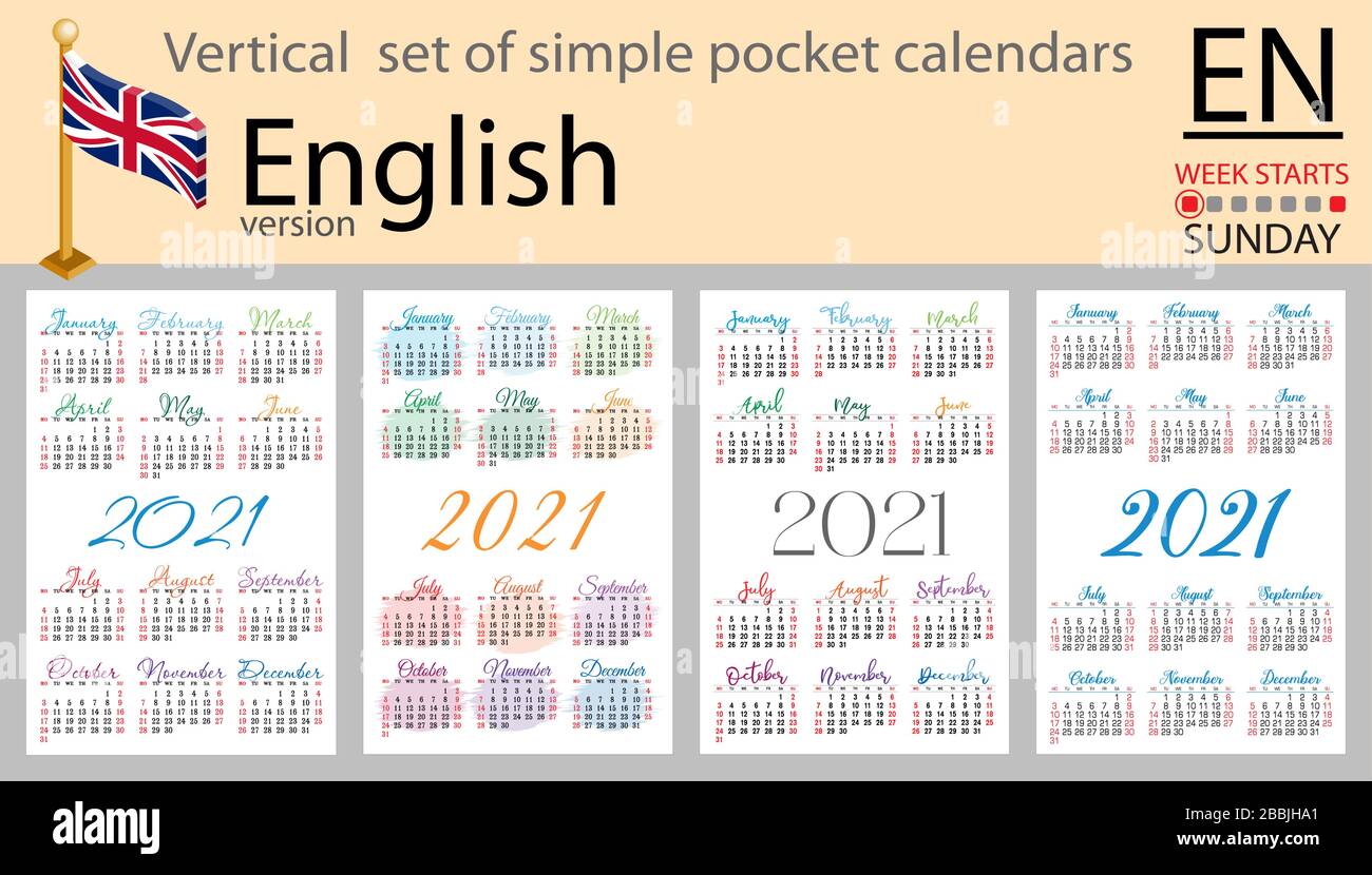 English vertical set of pocket calendars for 2020 (two thousand twenty ...