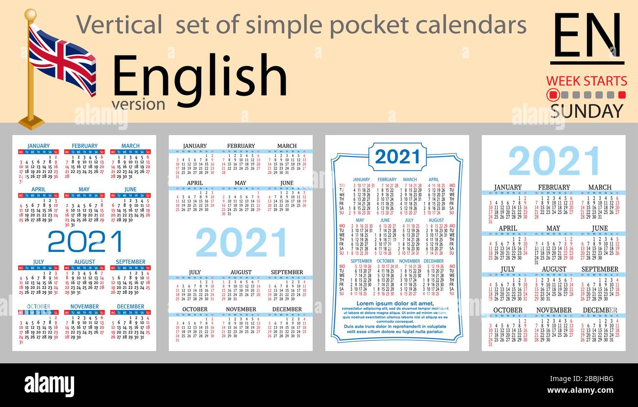 English vertical set of pocket calendars for 2020 (two thousand twenty ...