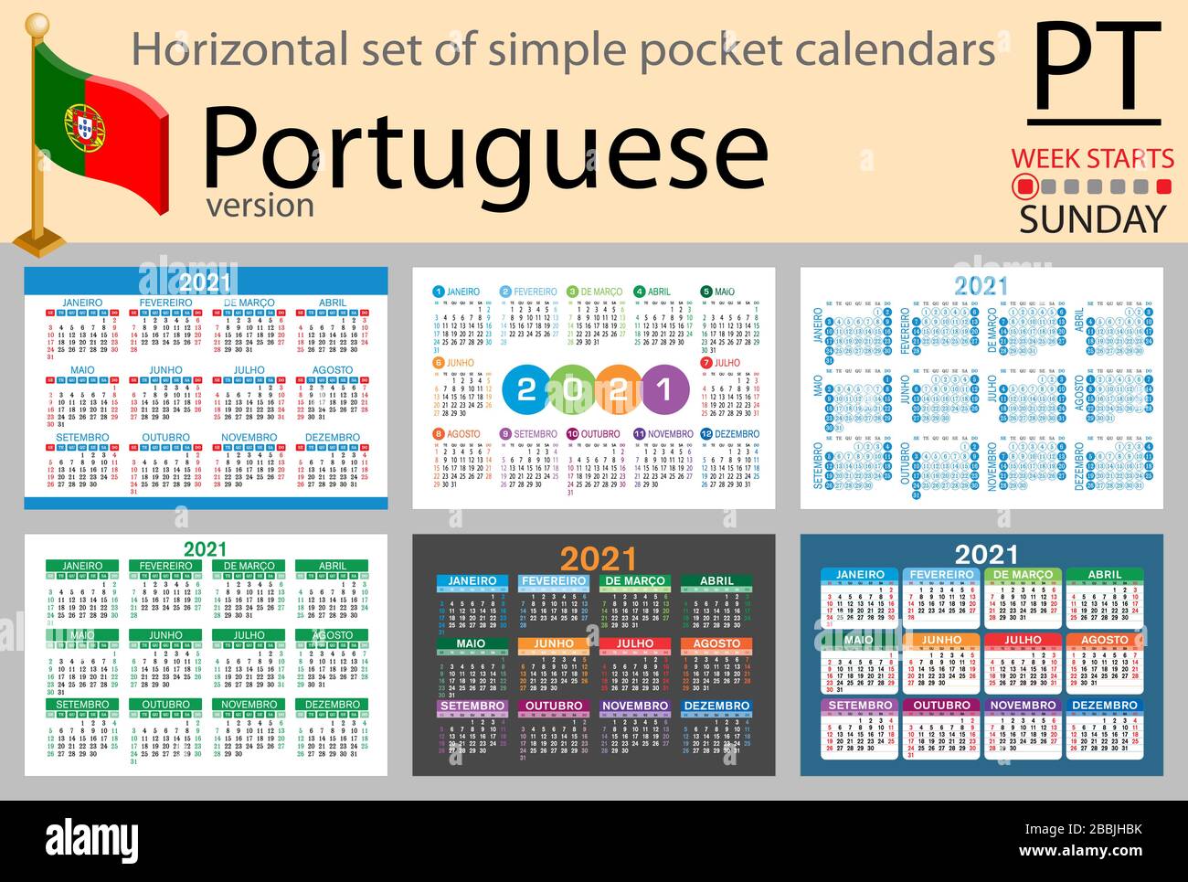 Portuguese horizontal set of pocket calendars for 2020 (two thousand ...