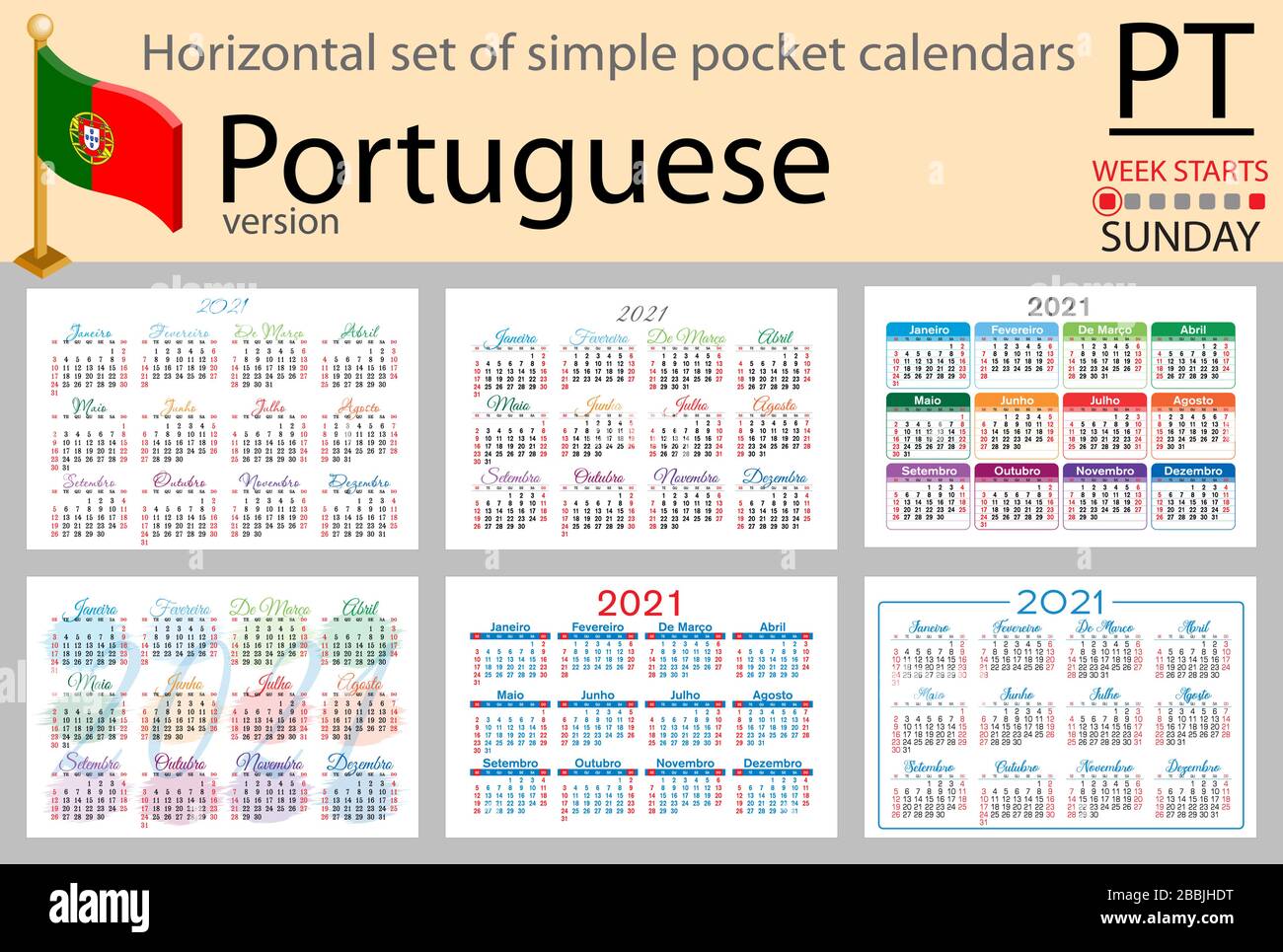 Portuguese horizontal set of pocket calendars for 2020 (two thousand ...