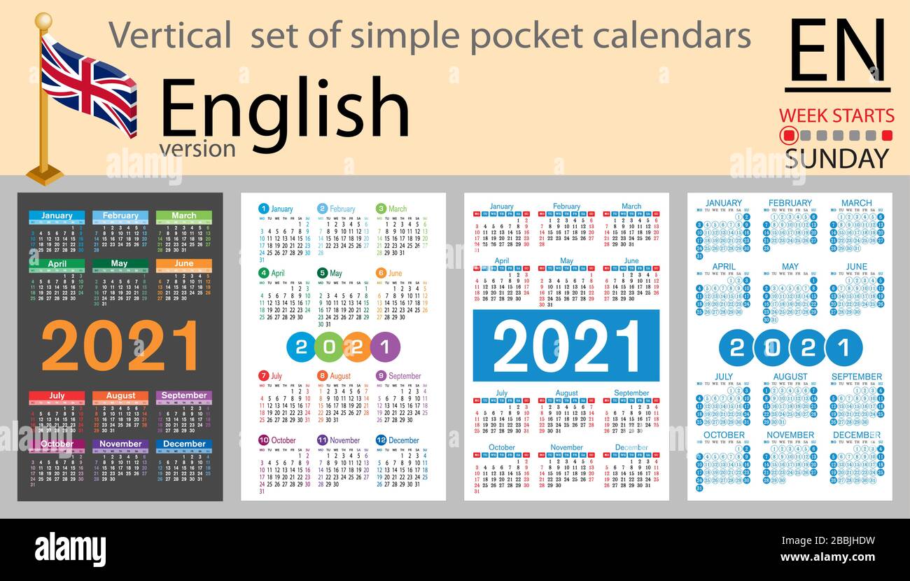 English vertical set of pocket calendars for 2020 (two thousand twenty ...