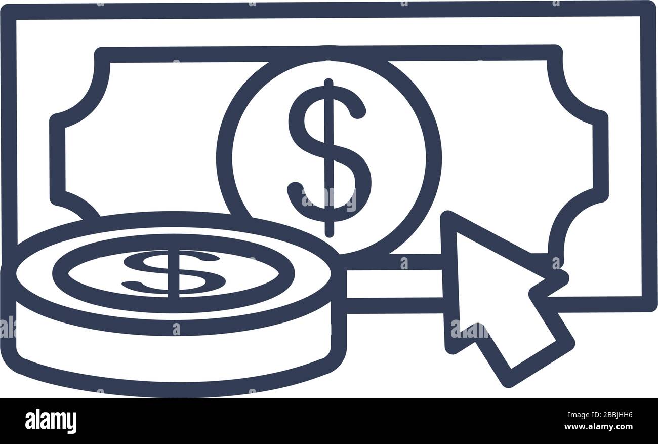 money coin and bill with cursor icon over white background, line style ...