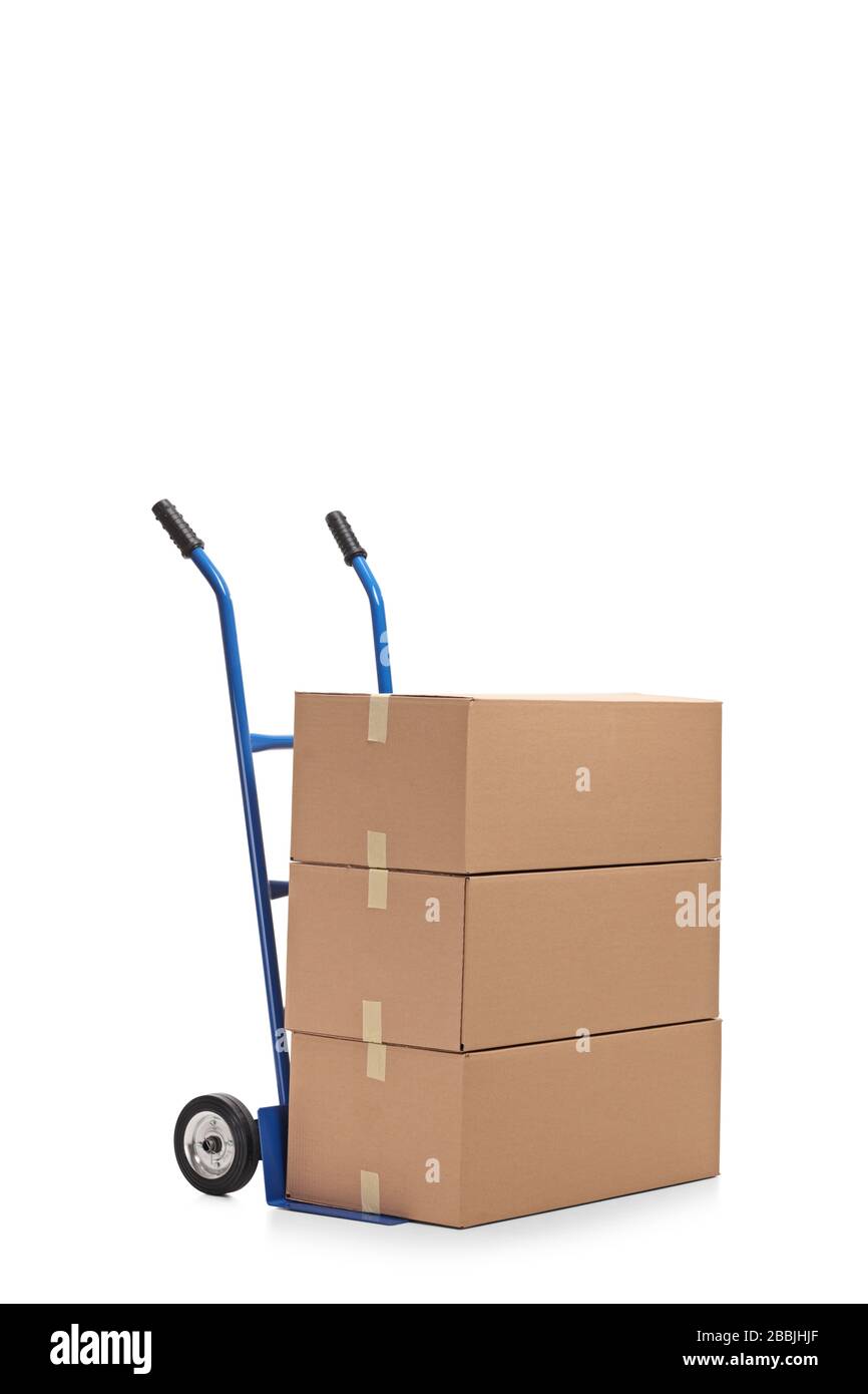 Studio shot of a hand truck with cardboard boxes isolated on white ...
