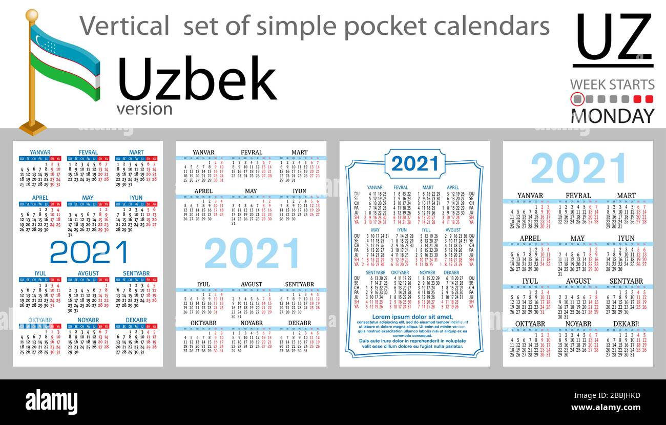 Uzbek vertical set of pocket calendars for 2020 (two thousand twenty ...