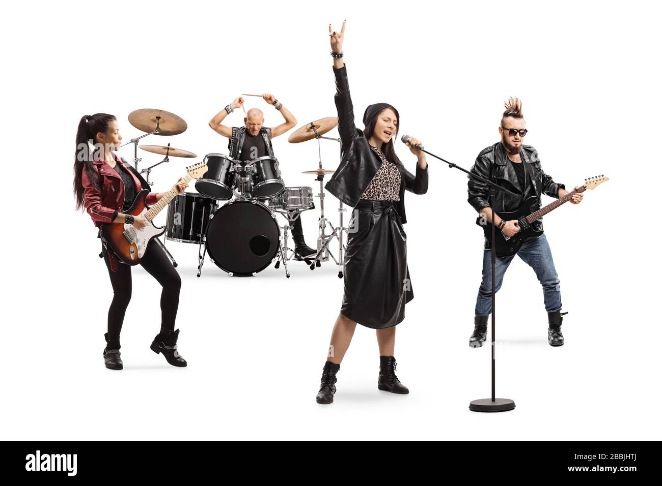 Female singer, male and female guitar players and a drummer in a band ...