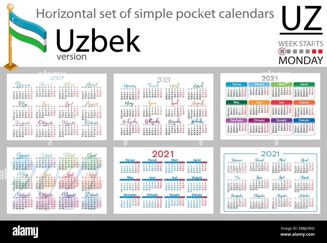 Uzbek horizontal set of pocket calendars for 2020 (two thousand twenty ...