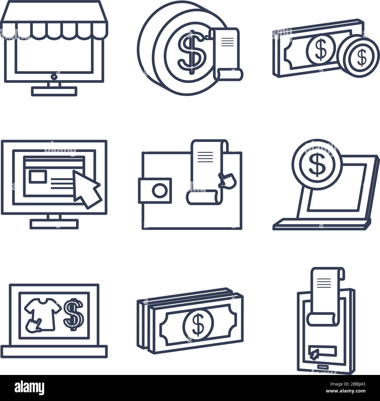 money bills and payments online icon set over white background, line ...